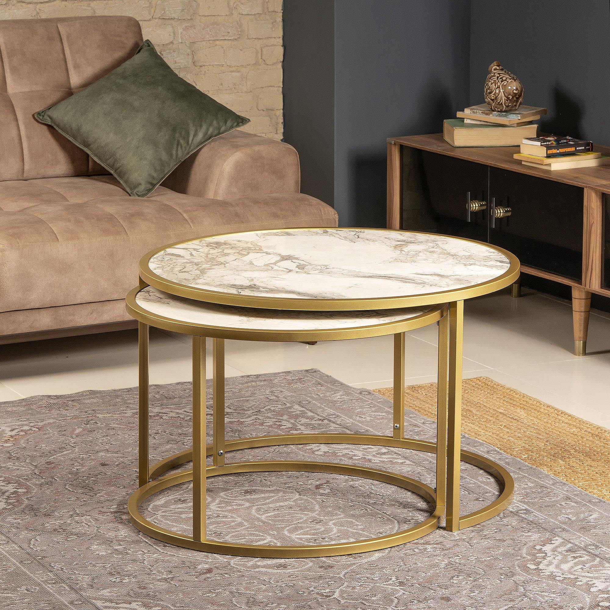 Decorotika Tambur Metal Manufactured Wood Round Nesting Coffee Table Set of 2 White